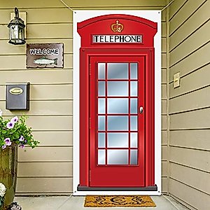 English Phone Booth Door Cover, Large Fabric Red Telephone Box Door Cover Home Jointed Phone Box Decor Banner for Photo Backdrop British International Themed Party Favors, 78.7 x 35.4 Inch