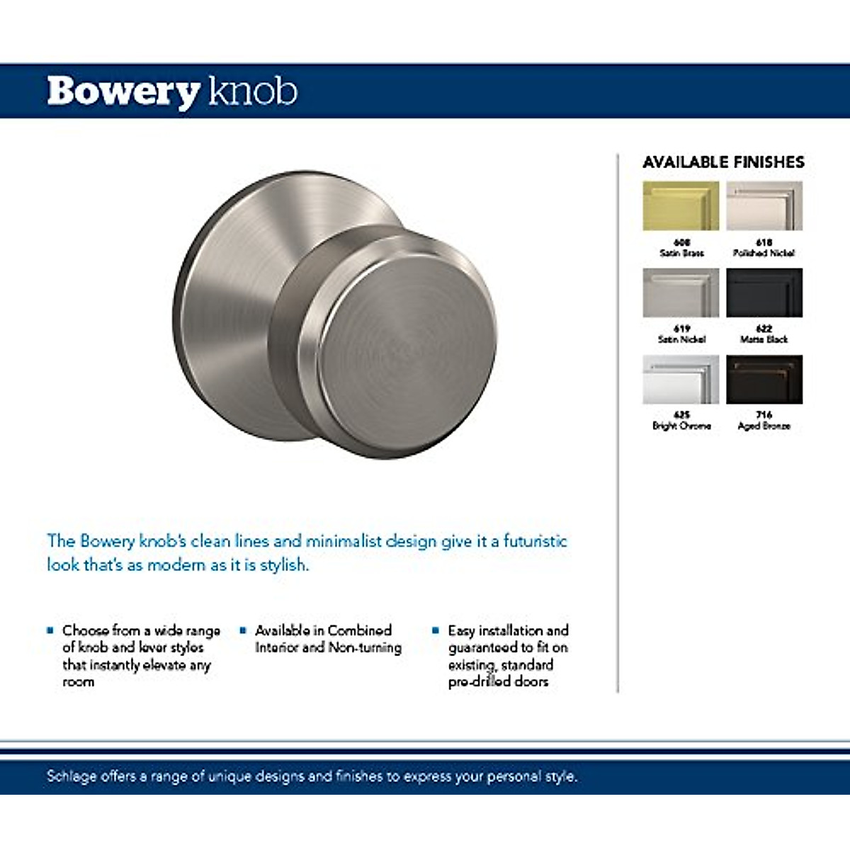 SCHLAGE Custom FC21 BWE 622 COL Bowery Knob with Collins Trim Hall-Closet and Bed-Bath Lock, Matte Black