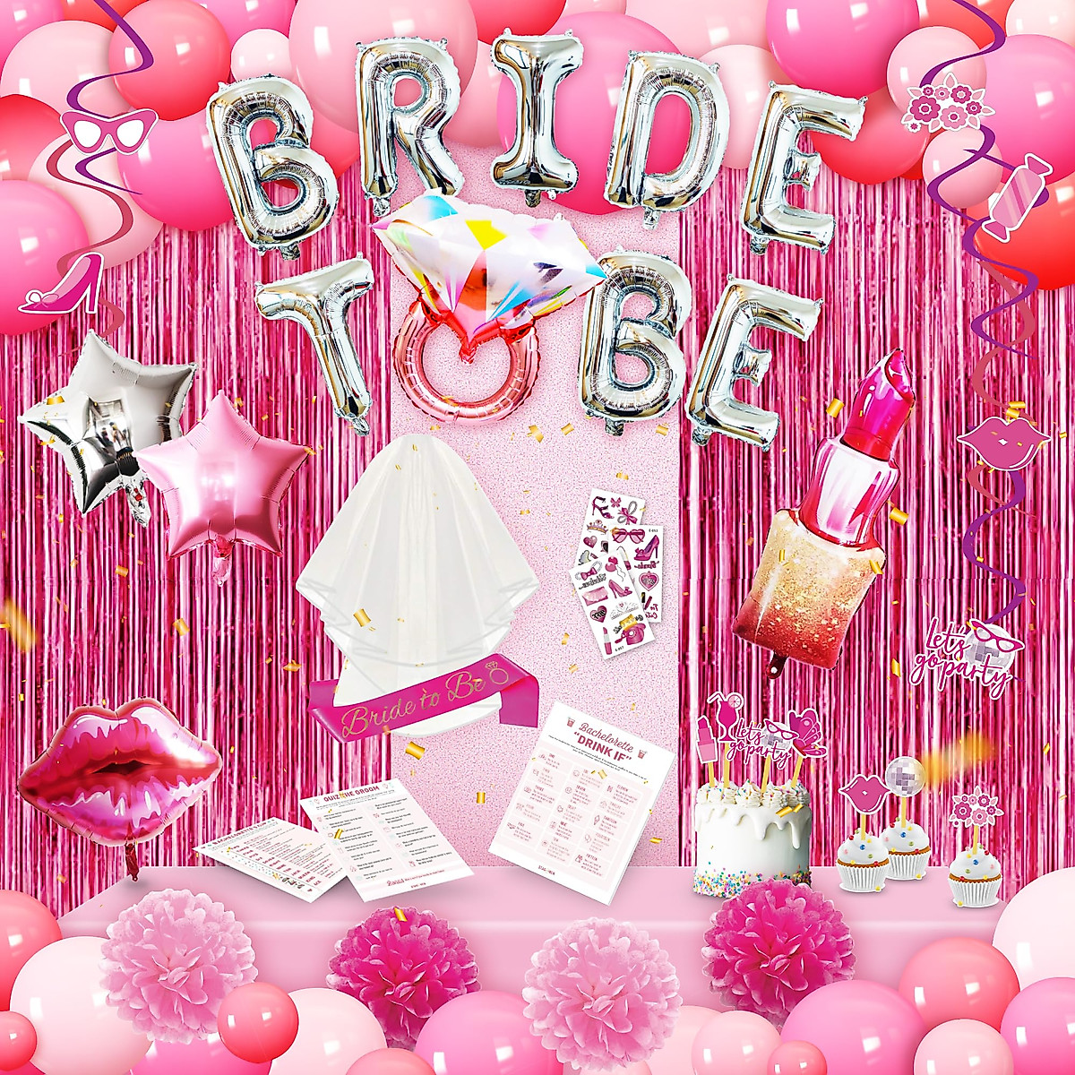 Party Spot! 119 PCS Bachelorette Party Decorations, Latex Balloons, "BRIDE TO BE" Balloons, Tablecloth, Veil, Cake Topppers, Pink Bridal Shower Party Decorations, Balloon Pump