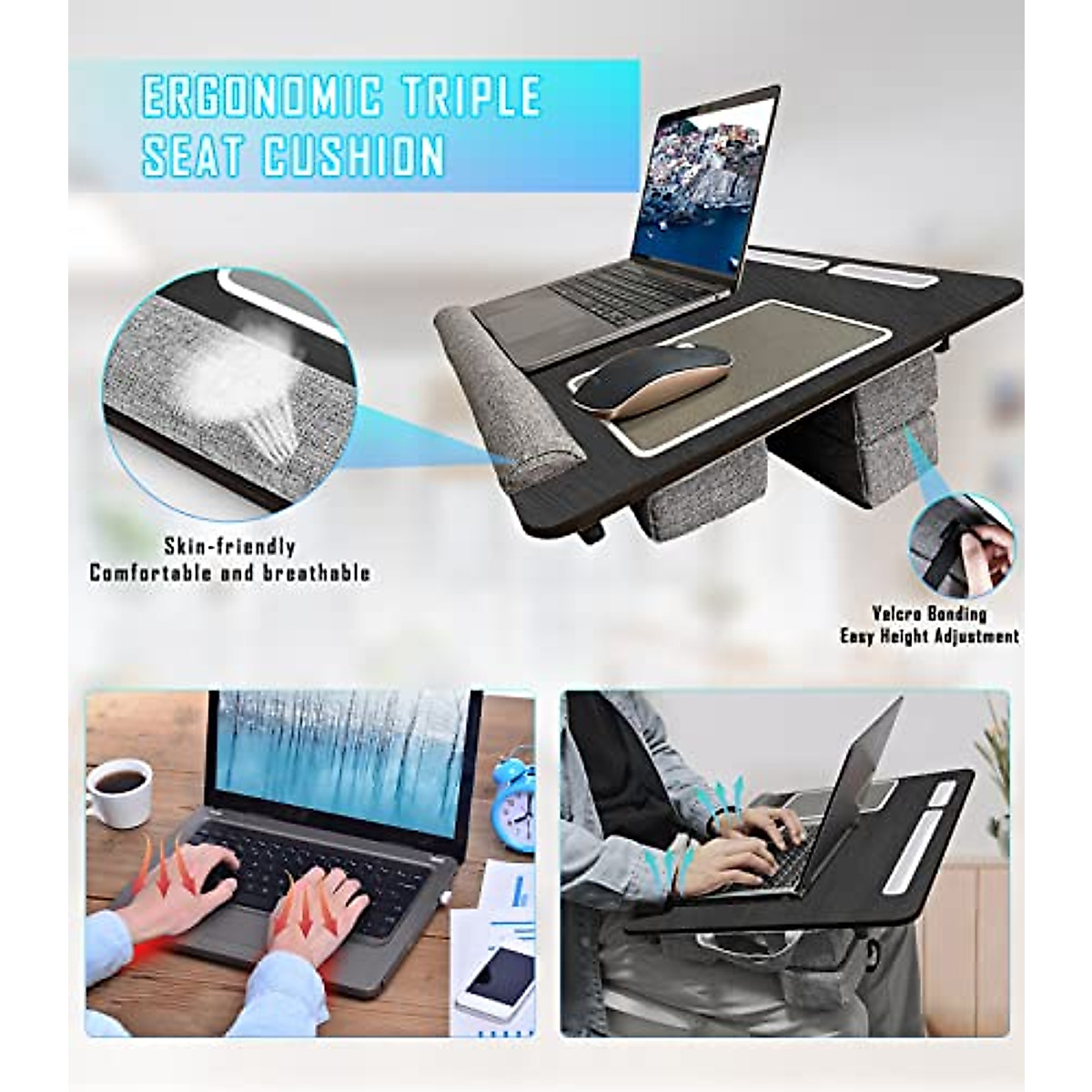 Lap Laptop Desk-Fits Up 17In Foldable Laptop Bed Tray Table with Adjustable Dual Cushion,Wrist Rest & Mouse Pad,Portable Wood Laptop Stand for Sofa Bed,Multifunctional Slot for Tablet & Phone (Black)