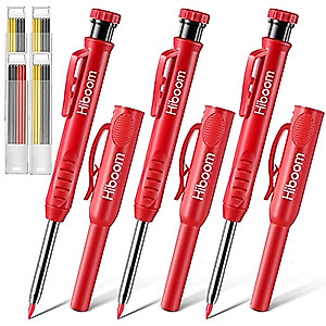 Hiboom 3 Pack Solid Carpenter Pencils with Carpenter Pencil Cap and 27 Refills, Deep Hole Mechanical Scriber Marking Tools with Built in Sharpener for Construction Woodworking Architect