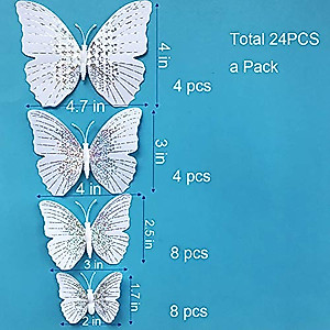 24PCS Butterfly Stickers with Sponge Gum and Magnets, White Crystal Removable Butterfly Wall Sticker Decals for Room Home Nursery Decor (White Single Wing)