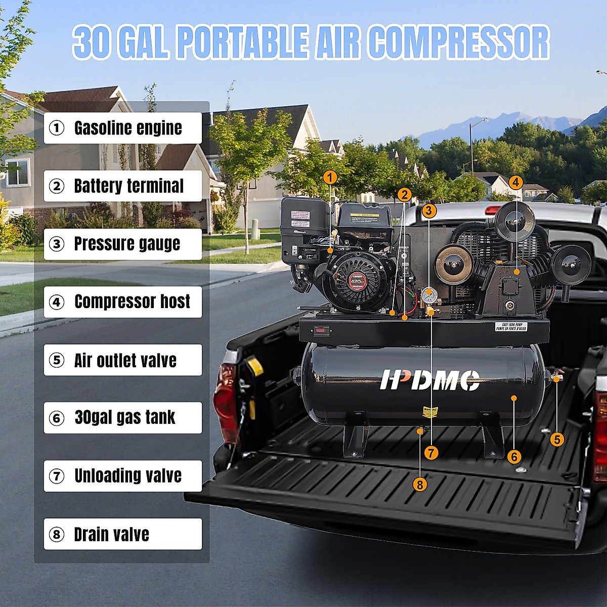 HPDMC 13HP Gas Powered Air Compressor 35CFM Electric Start Gasoline Driven Piston Pump Air Compressed System with 125PSI Max. Pressure and 30 Gal ASME Tank for Workshop, Construction Sites, Machinery