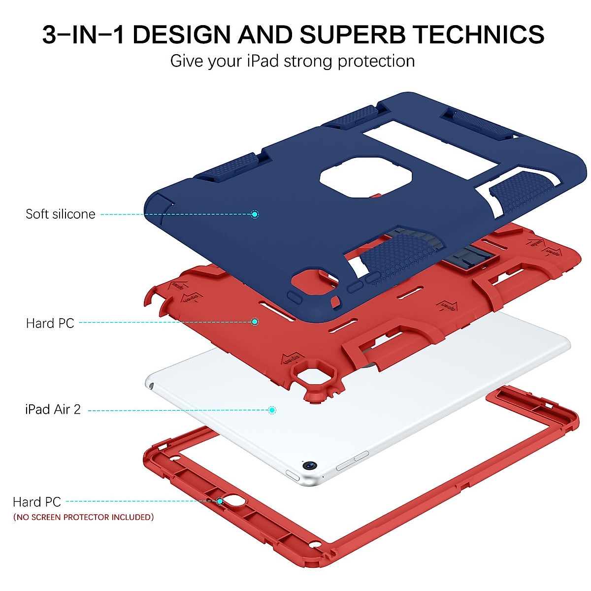 BENTOBEN for iPad Air 2 Case, iPad Air 2nd Generation Case, 3 in 1 Heavy Duty Shockproof Kickstand Protective Kids Girls Women Boys Men Tablet Cover for iPad Air 2 A1566 A1567 (2014), Navy Blue/Red