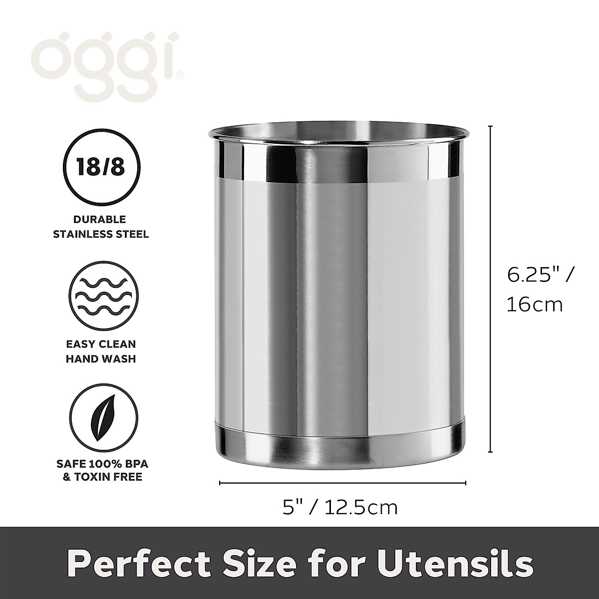 Oggi Stainless Steel Utensil Holder - 5" Diameter, Utensil Caddy, Weighted Base for Stability - Larger-Sized Utensil Crock and Countertop Utensil Organizer, Stainless Steel
