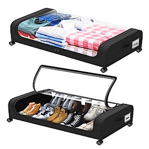 INVOCOO 2 Pack Under Bed Storage with Wheels, Large Capacity Under Bed Storage Containers with Clear Lid,Handle,Label, Rolling Under Bed Shoe Storage Organizer for Clothes Toy Shoe Blanket (Black)