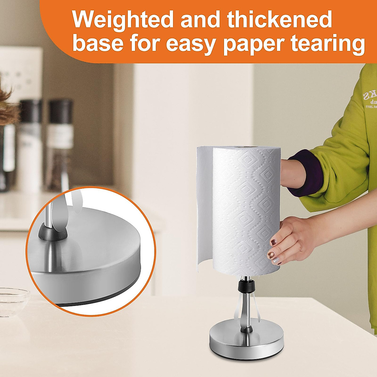Stainless Steel Silver Paper Towel Holder Designed for Easy One-Handed Operation - This Sturdy Weighted Paper Towel Dispenser Countertop Model Has Suction Cups and Holds All Paper Towel Rolls