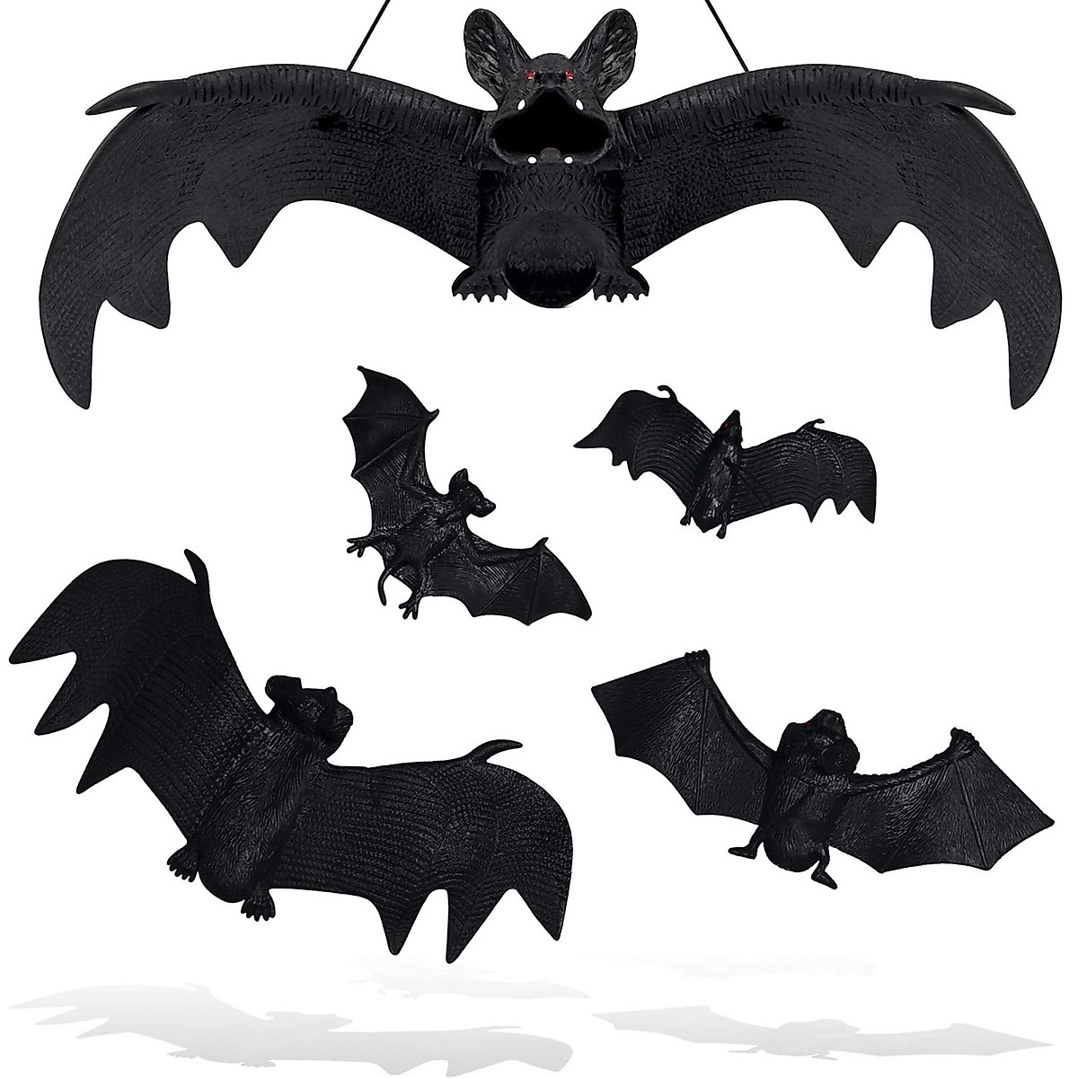 ILEBYGO 5Pcs Halloween Bats, Rubber Vampire Bats, Hanging Bat for Halloween Party, April Fool's Day,Haunted House Decoration