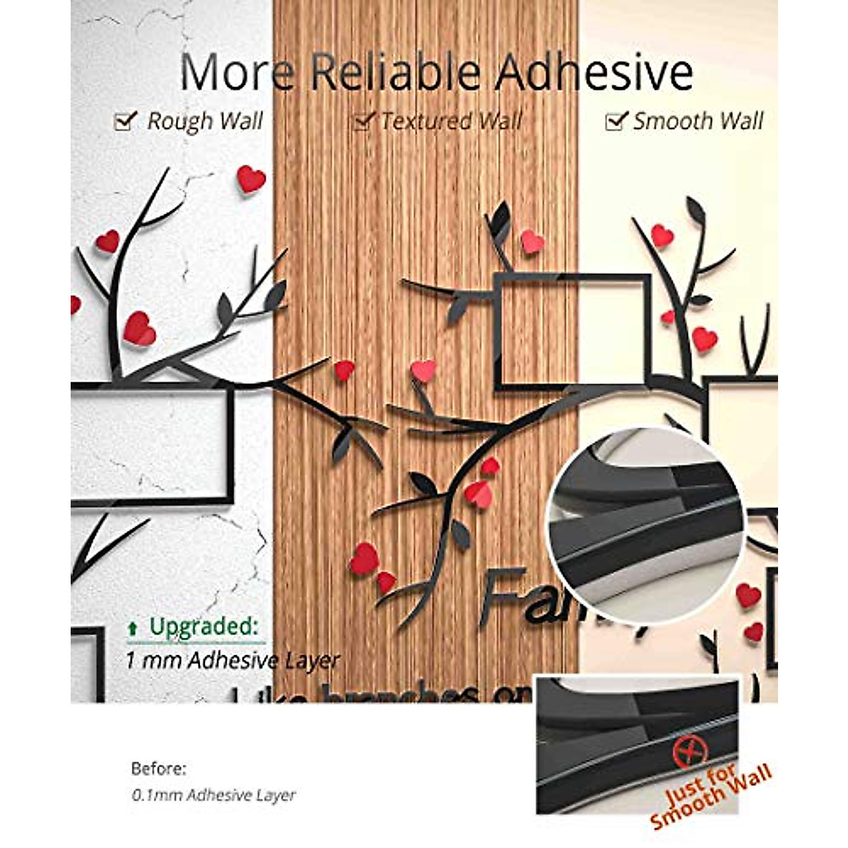 DecorSmart Love Family Tree Wall Decor Picture Frame Collage Removable 3D DIY Acrylic Wall Stickers for Living Room with Red Heart and Quote Family Like Branches on a Tree