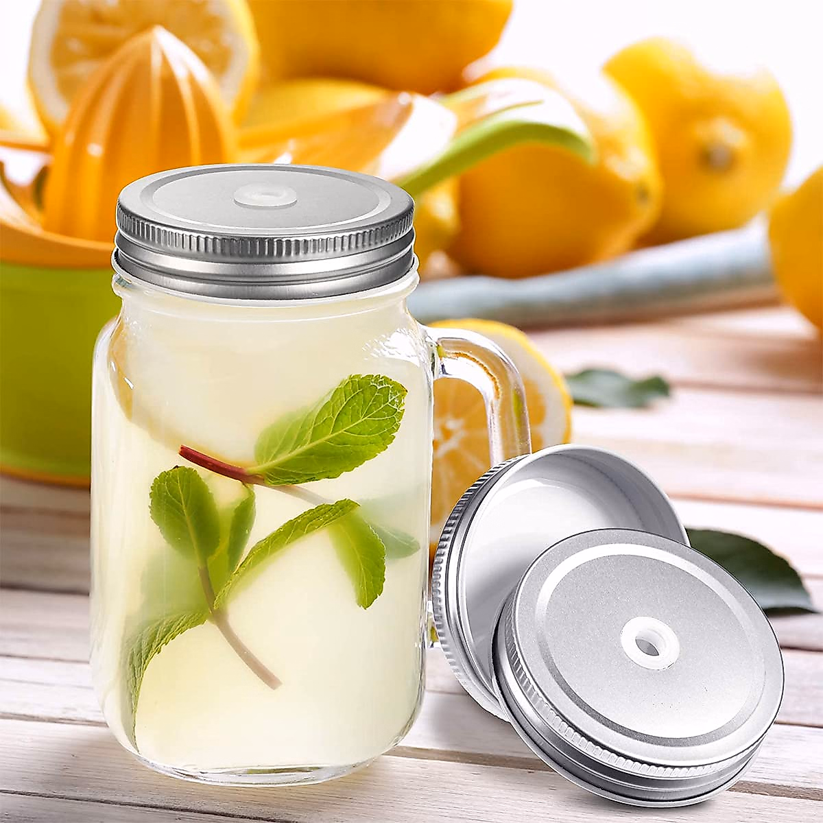26 PCS Regular Mouth Mason Jar Lids with Straw Hole - 70MM Canning Lids Drinking Jar Lids Tinplate Jar Lids Silver Canning Jar Caps with Silicone Ring/Straws/Cleaning Brush for Drinking Food Storage