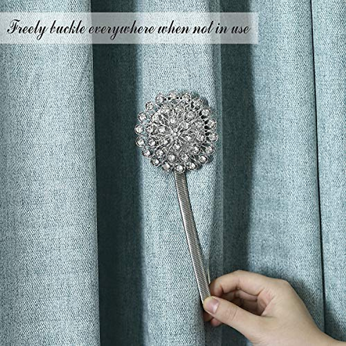 Lewondr Curtain tie Magnetic, 1 Pair Sparkling Crystal Flower Curtain Tieback Stretchy Curtain Buckle Clips Curtain Bind Stainless Spring Wire Magnetic Drapery Holder - Silver