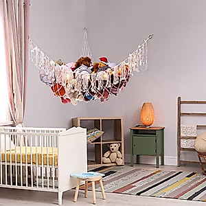 SZBAMI Stuffed Animal Net or Hammock with Light, Hanging Corner Net Toy Hammock for Stuffed Animals with Hooks, Hanging Net Toy Storage Organizer Animal Net for Bedroom Playroom Kindergarten -Large