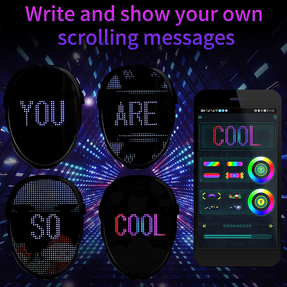 Led Mask with Bluetooth Programmable, Light up Face Mask, for Halloween Masquerade Costume Cosplay Party DJ, Coolest Mask