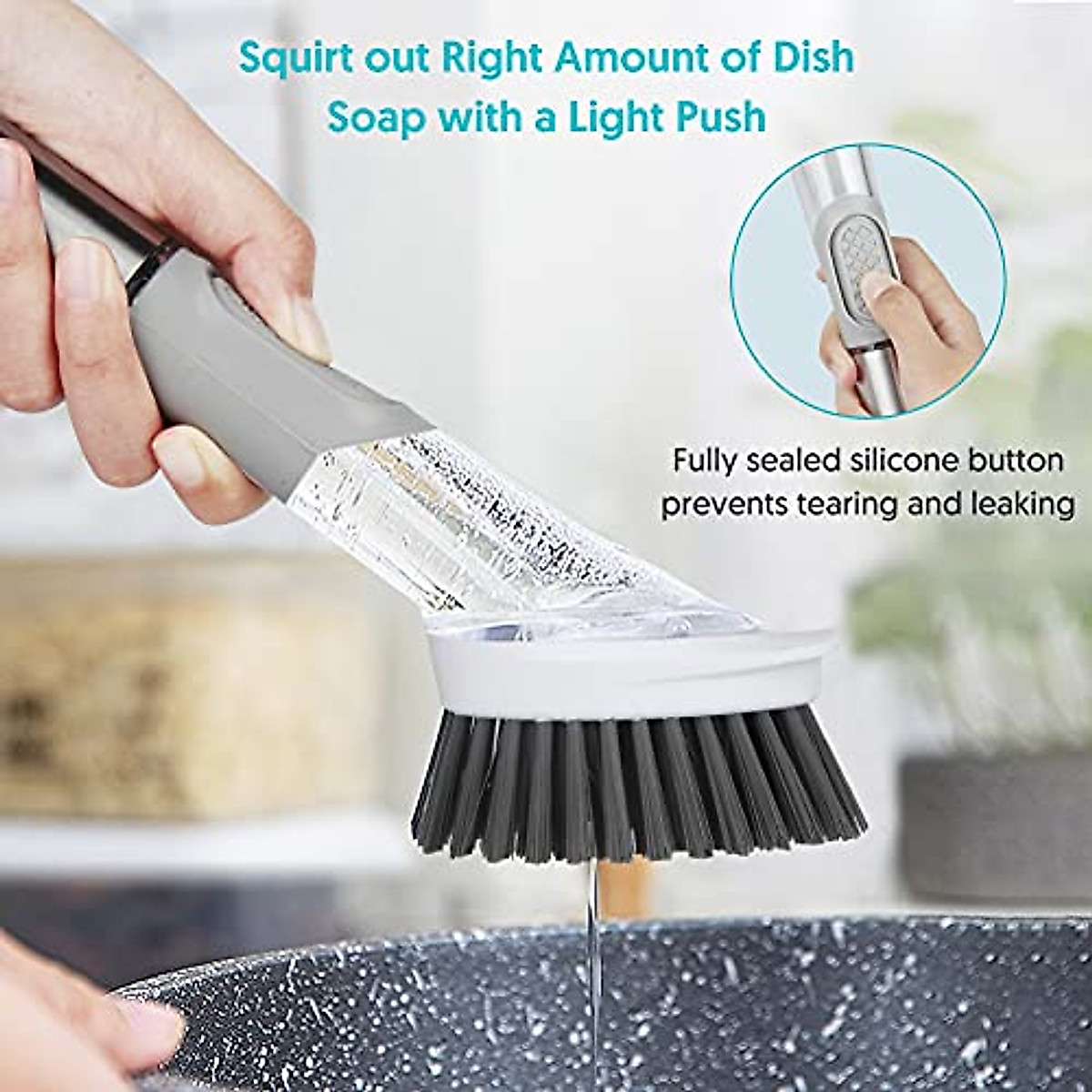 Soap Dispensing Dish Brush Set - FORSPEEDER Kitchen Brush with Stand 3 Brush Replacement Heads Stainless Steel Handle, Dish Wand Scrub Brush for Dishes Sink Pot Pan Cleaning