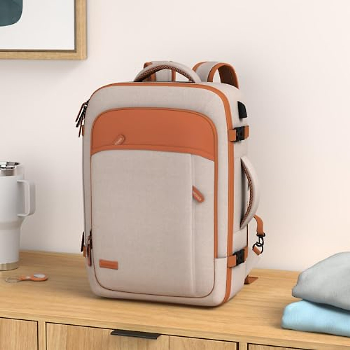 Lumesner Carry on Backpack, Extra Large 40L Flight Approved Travel Backpack for Men & Women,Expandable Large Suitcase Backpacks With 4 Packing Cubes,Water Resistant Luggage Daypack Weekender Bag,Beige