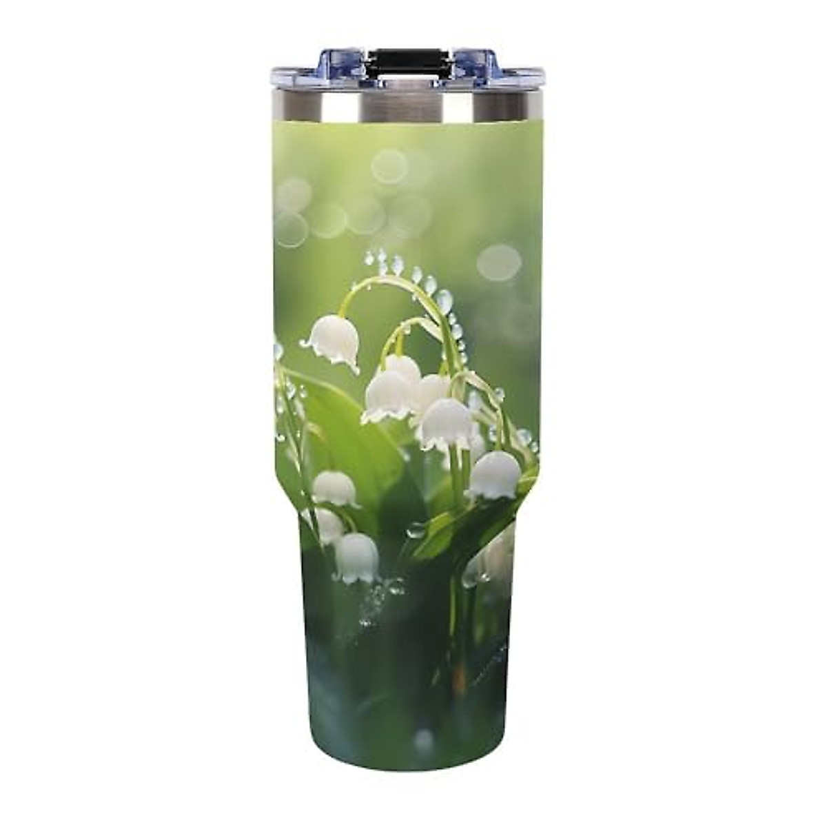 Lily of The Valley Flowers Green Leaves 40 Oz Car Cup Stainless Steel Travel Mug Leak-Proof Insulated Tumbler with Handle Light Rose Red-style