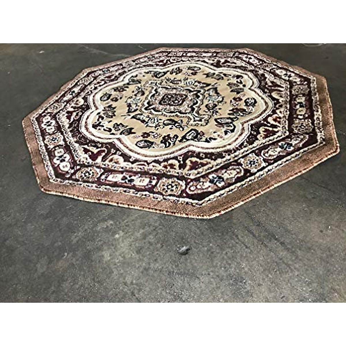 Traditional Octagon Persian Rug Beige Brown Burgundy & Black Design 520 (4 Feet X 4 Feet)