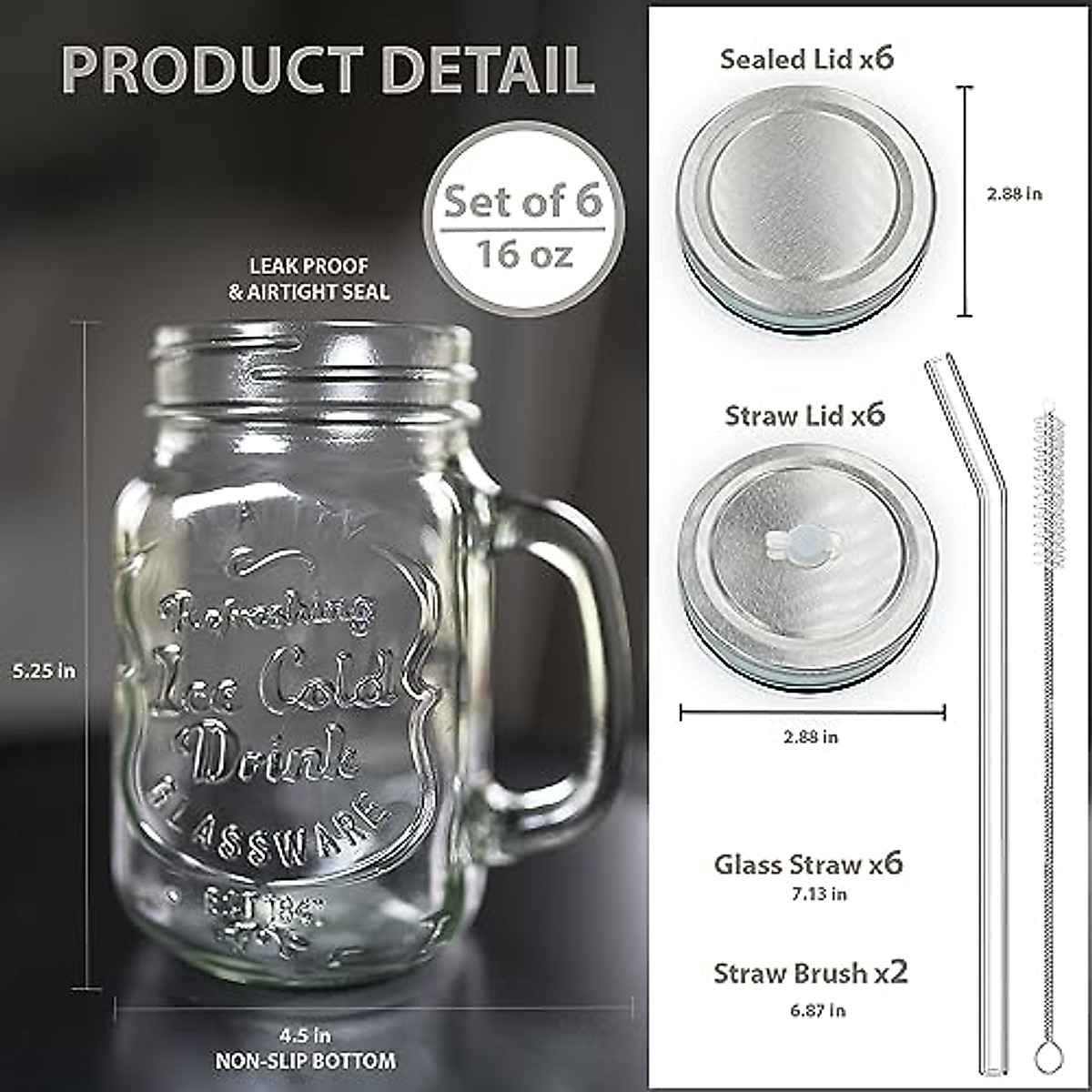 Pinkrella Mason Drinking Jars, 16 oz Glass Mugs Set of 6 with Handles, Airtight & Straw Lids, Glass Straws, Cleaning Brushes