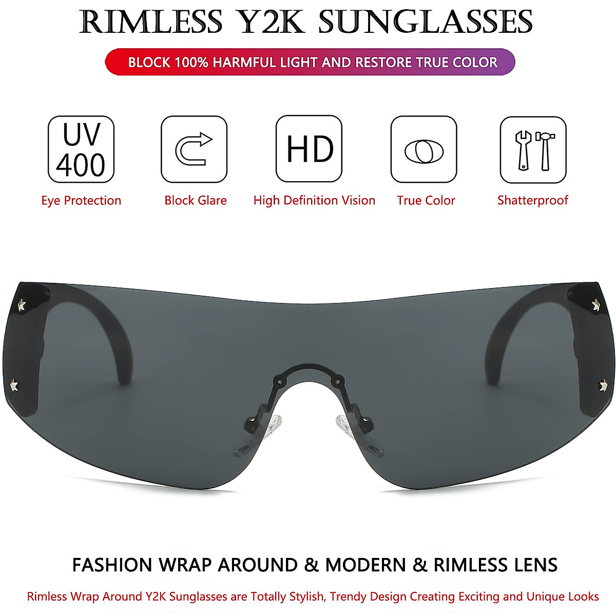AIEYEZO Rimless Y2K Sunglasses Women Men Oversized Fashion Wrap Around Frameless Sun Glasses (Black)