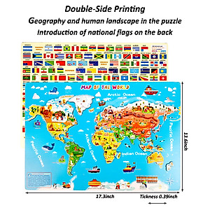 ExBePe Genuine Magnetic Wooden World Map Puzzle,92 Country Flash Cards,National Flags Introduction,Preschool Learning Education Geography Toy for Kid Ages 3+