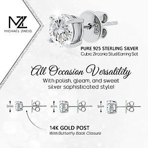 Michael Zweig 14K Solid Gold Posts 925 Sterling Silver Stud Earrings 3pc Set Cubic Zirconia 3.0mm, 4.0mm, 5.0mm, Diamond Carat Weight, 1.75 cttw