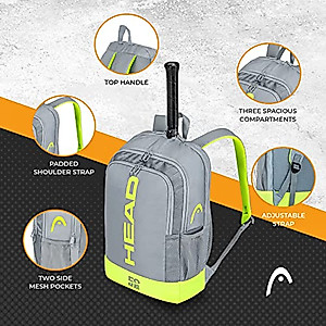 HEAD Core Tennis Backpack - 2 Racquet Carrying Bag w/Padded Shoulder Straps / Grey/Yellow / Large