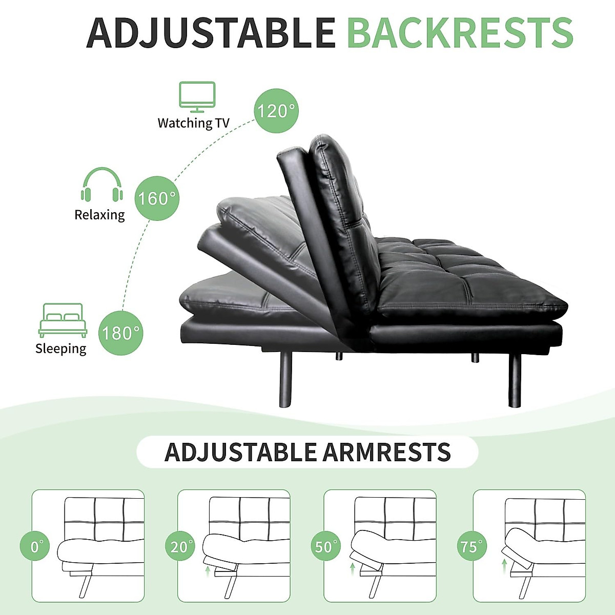 MUUEGM Futon Sofa Bed Couch, Memory Foam Futon Convertible Futon Couch, Sofa Bed Couch,Modern Loveseat Daybed Sofa,Comfy Sleeper Couch for Apartment, Living Room,Easy Assemble,Black