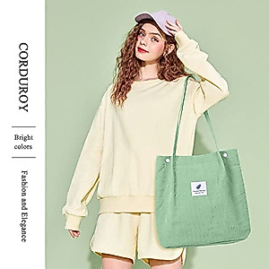 Corduroy Tote Bags for Women Girls, Large Capacity Reusable Grocery Shoulder Bag with Inner Pockets (Bean)…, Green
