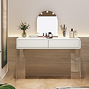 Tribesigns Makeup Vanity Desk with 2 Drawers, Modern Writing Computer Desk with Acrylic Legs, White Vanity Dressing Table for Bedroom (Without Mirror)
