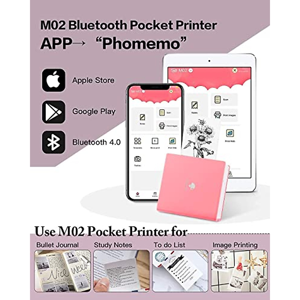 Phomemo M02 Mini Bluetooth Label Maker with 1 White/Clear/Silver Glitter Sticker Paper, Pink