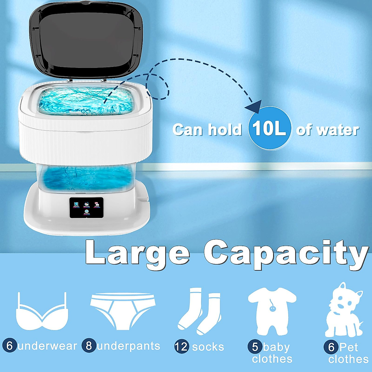 Portable Washing Machine, 10L Mini Washer and Dryer Foldable Washer Machine, Cleaning Small Washer, Bucket Laundry Machine with Deep Cleaning for Baby Clothe, Underwear, Socks, RV