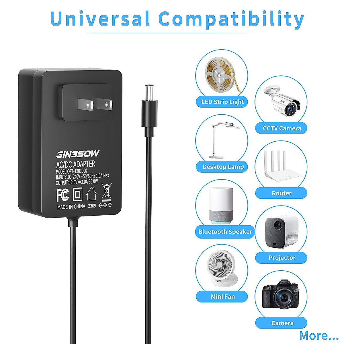 12V 3A Power Supply Adapter,GINGSOW AC 100-240V to DC 12V LED Driver Max 36W 5.5MM x 2.1MM DC Output Jack with 1.5M Long Cable for LED Strip Light, CCTV Security System, Router