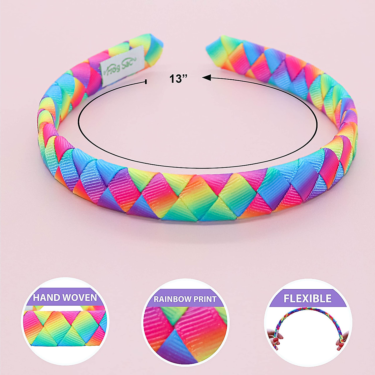 FROG SAC Rainbow Headband for Girls, Tie Dye Headbands for Kids, Cute Hard Head Band for Little Girl Hair Accessories, Unicorn Fashion Braided Hair Band, Basketweave Hand Braid Headband