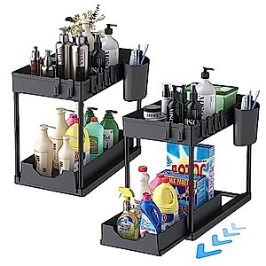 TMWHE Under Sink Storage Rack, Multifunctional Plastic Organizer, Slide-Out Design, 15.5"Lx8.5"Wx11.6"H, Black