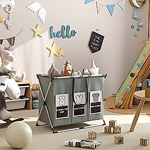 C&AHOME Laundry Basket 3 Sections, 135L Foldable Laundry Hamper Basket Sorter with Waterproof Oxford Bag and Aluminum Frame, Laundry Sorter Storage Dirty Clothes Bag for Bathroom Bedroom, Grey AFLH03G