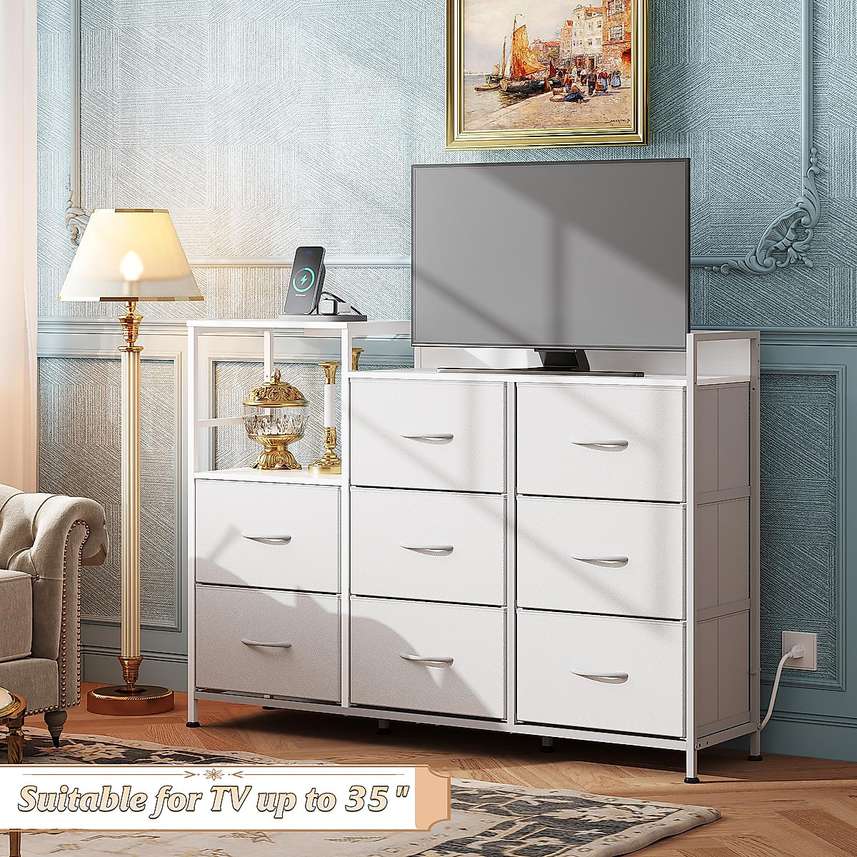 WLIVE White Dresser TV Stand for Bedroom with Charging Station and Open Shelves, Fabric Dresser with 8 Drawers and Wood Top, Wide Storage Chest of Drawers for Living Room, Hallway