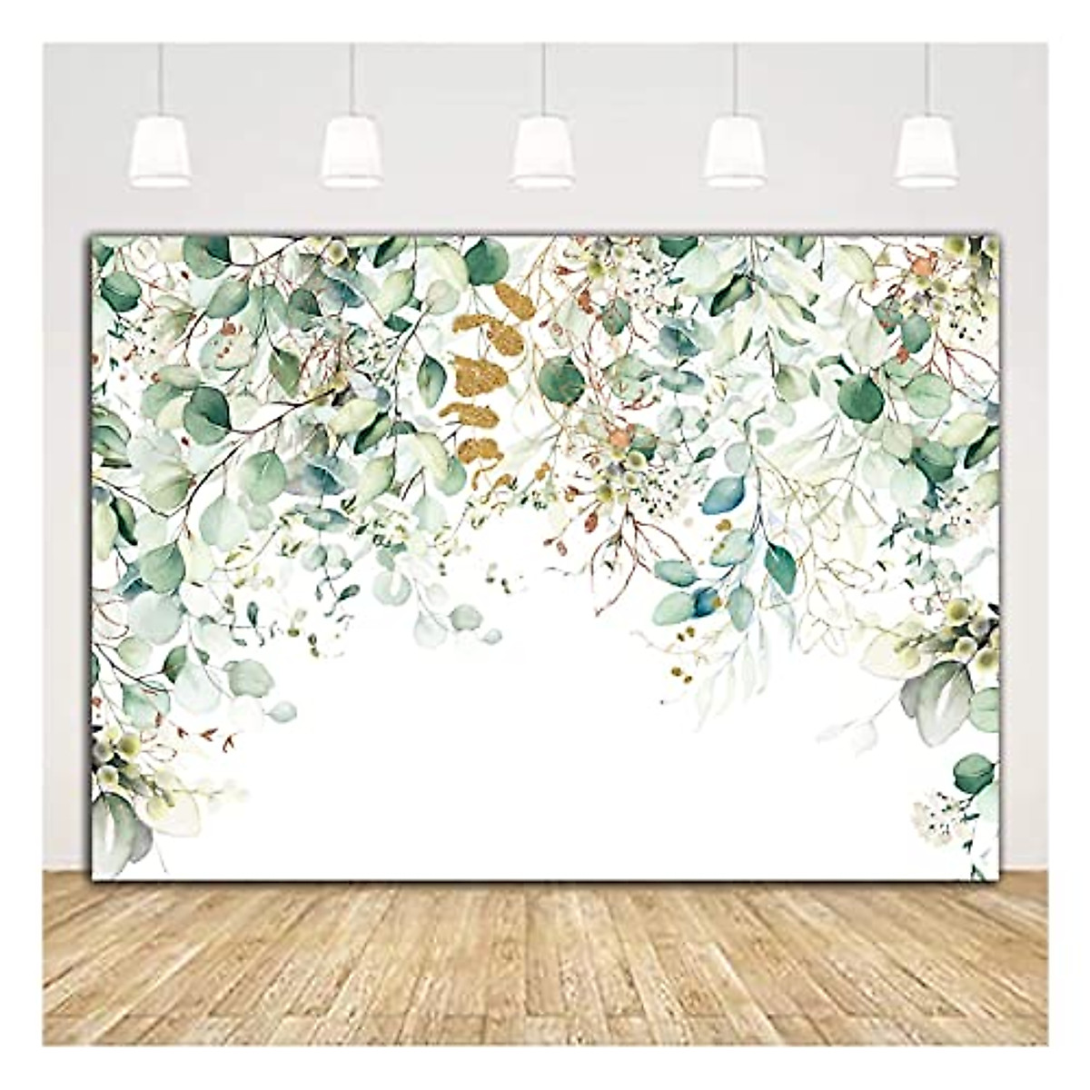Gold and Green Eucalyptus Leaves Photography Background Spring Still Life Grass Leaf Background Prom Group Photo Backdrops for Wedding Baby Shower Birthday Party Decor Banner 7x5ft
