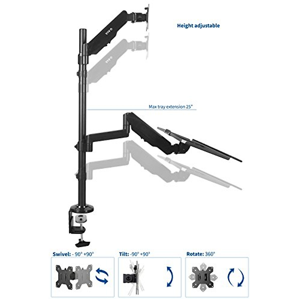 VIVO Sit-Stand Height Adjustable Pneumatic Spring Arm Keyboard Tray Desk Mount for 1 Screen up to 32 inches STAND-SIT1B