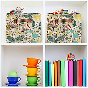 Flowers Square Storage Basket Yellow Floral Storage Bins Canvas Storage Organizer Closet Shelf Organizer for Home Office, 2 Pc