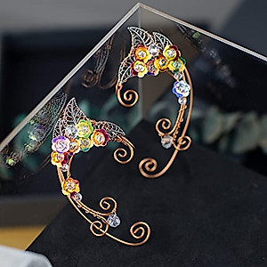 Elf Ear Cuffs for Women, Colorful Flowers Clip-on Earrings, Handmade Cuffs Wrap for Fairy Halloween Costume, Cosplay, Wedding