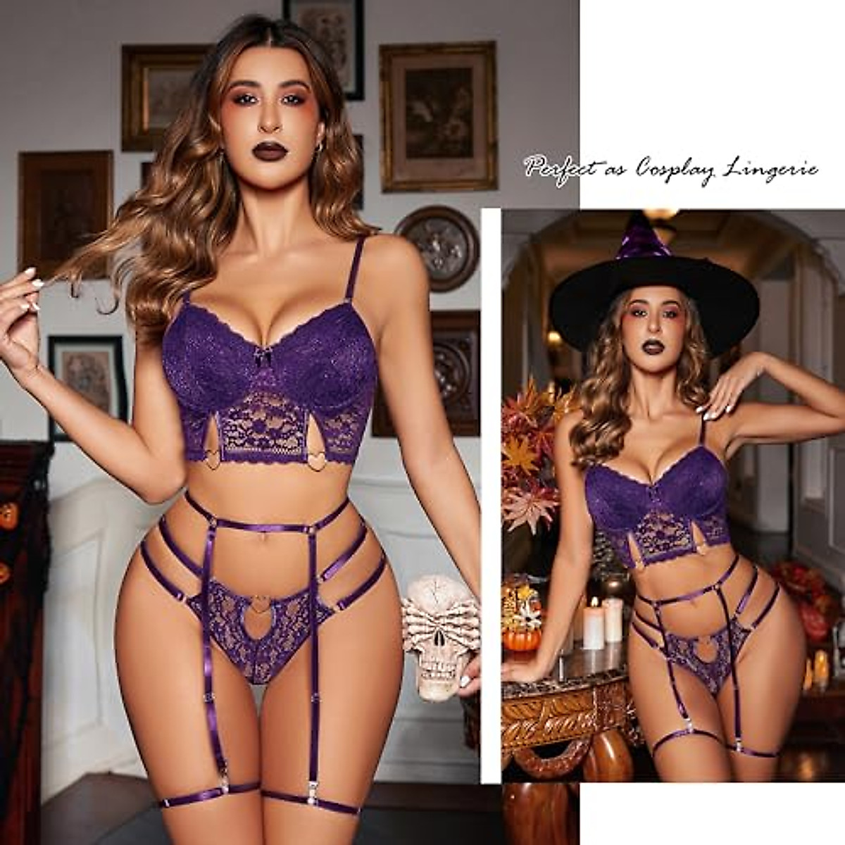 Avidlove Sexy Lingerie for Women Lace Garter Lingerie Set Push Up Bra Panty with Underwire Purple Strappy Outfits