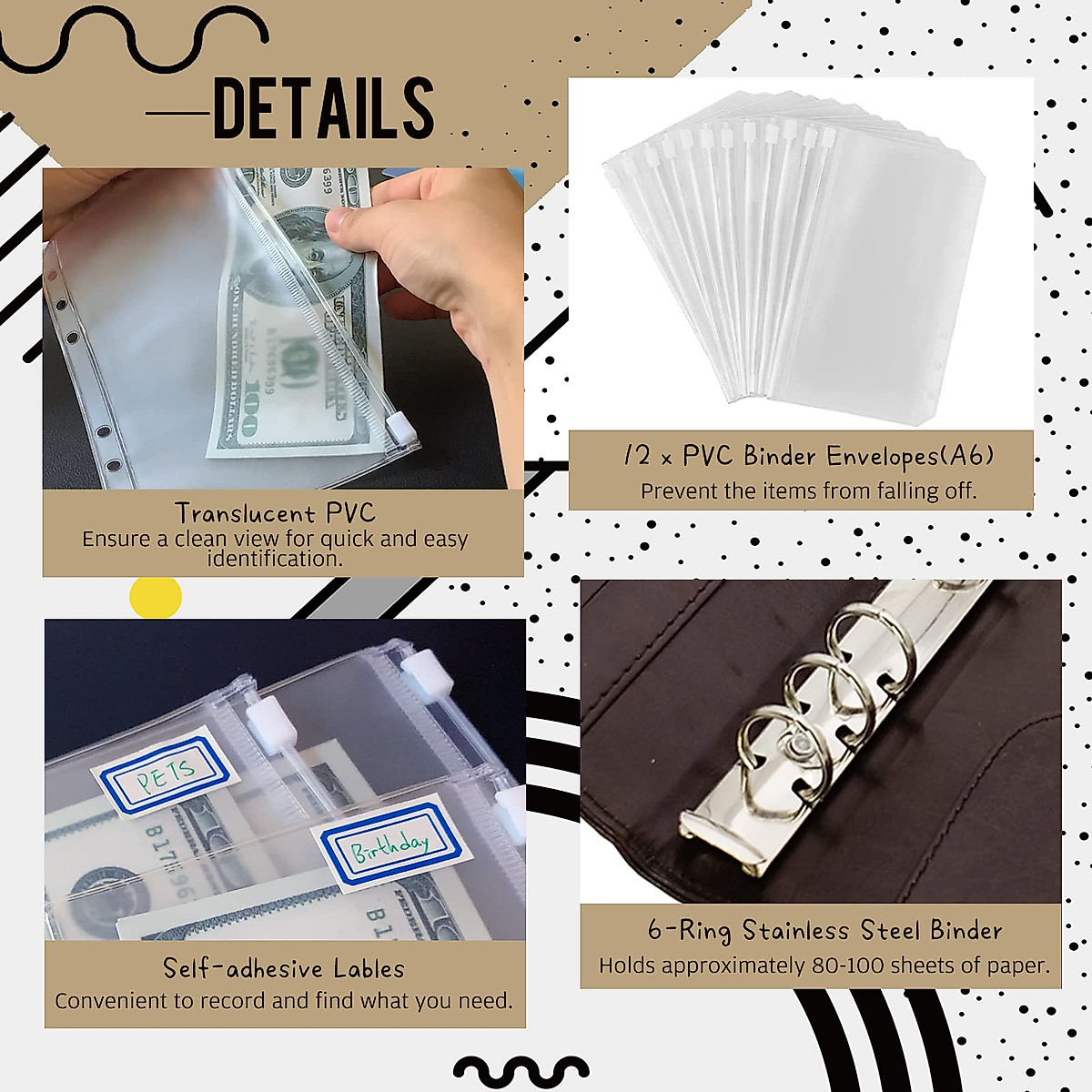 A6 Budget Notebook Binder, 6 Ring Refillable Loose-Leaf Folder Binder Cover Cash Savings Organizer with 12 Pcs Clear Plastic Zipper Envelopes, Card Pockets, Pen Holder and Label Stickers - Black