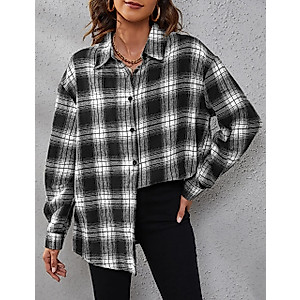 Ailoqing Plaid Shirts for Women Long Sleeve Button Down Flannel Shirts Buffalo Blouse Tops(Blackwhite-M)