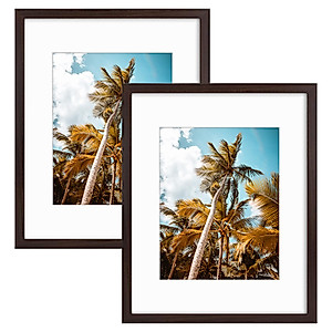 Frametory, 16x20 Picture Frame with Mat for 11x14 Picture- - High Definition Glass Wide Molding - Preinstalled Wall Mounting Hardware (Brown, 2 Pack)