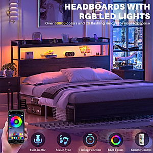 Aheaplus Headboard for Full Size Bed Frame, Headboards with Outlets, USB Ports and LED Light, Head Board with Storage, Height Adjustable, Sturdy and Stable Headboard, Full Size, Black Oak