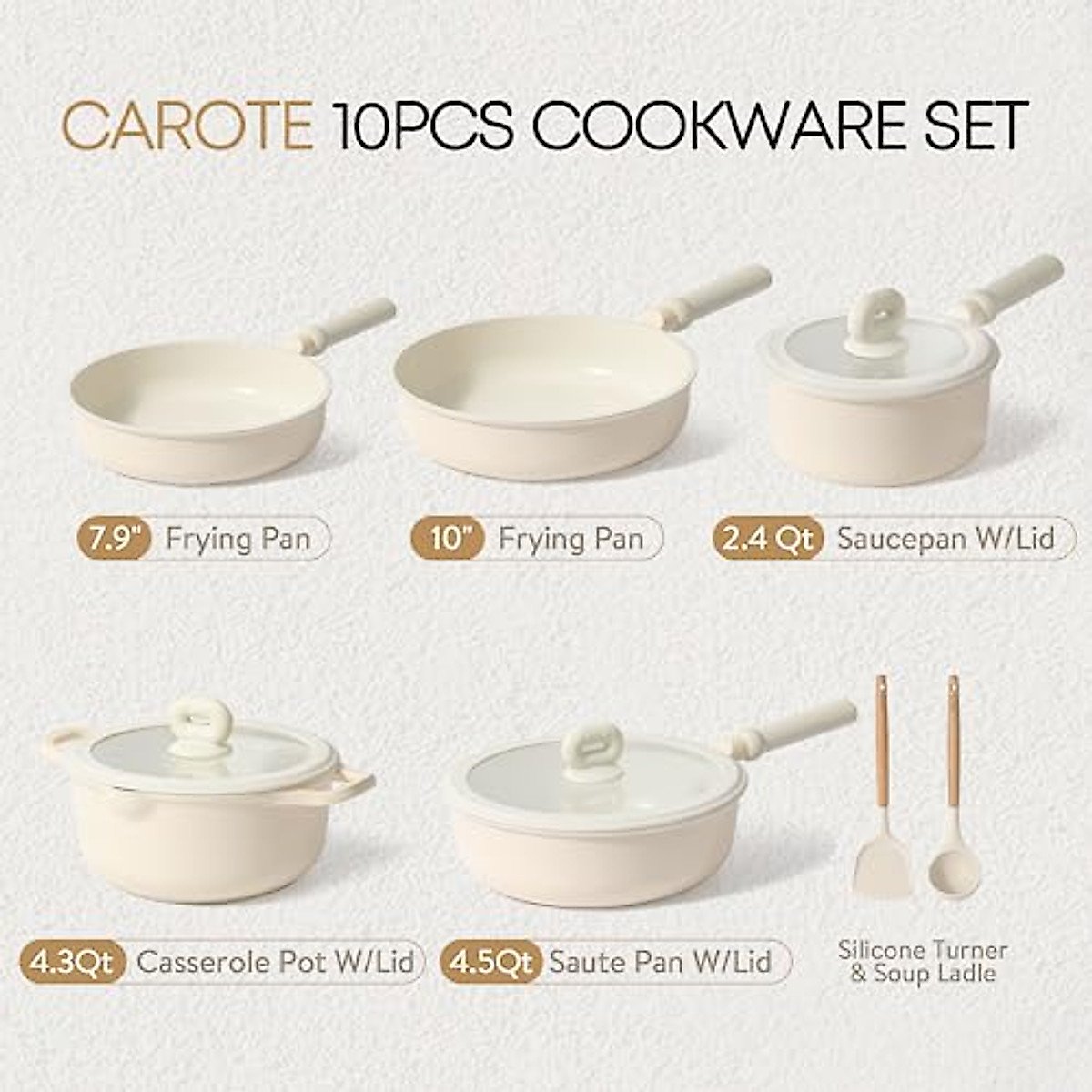 CAROTE Pots and Pans Set Nonstick Cookware Sets 10 Pcs Induction Cooking Set Dishwasher Safe Cookware w/Frying Pans & Saucepans PFOS PFOA Free(Cream Granite)