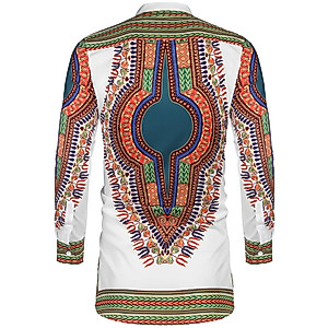 COOFANDY Men's African Dashiki Print Shirt Long Sleeve Button Down Shirt Bright Color Tribal Top Shirt White