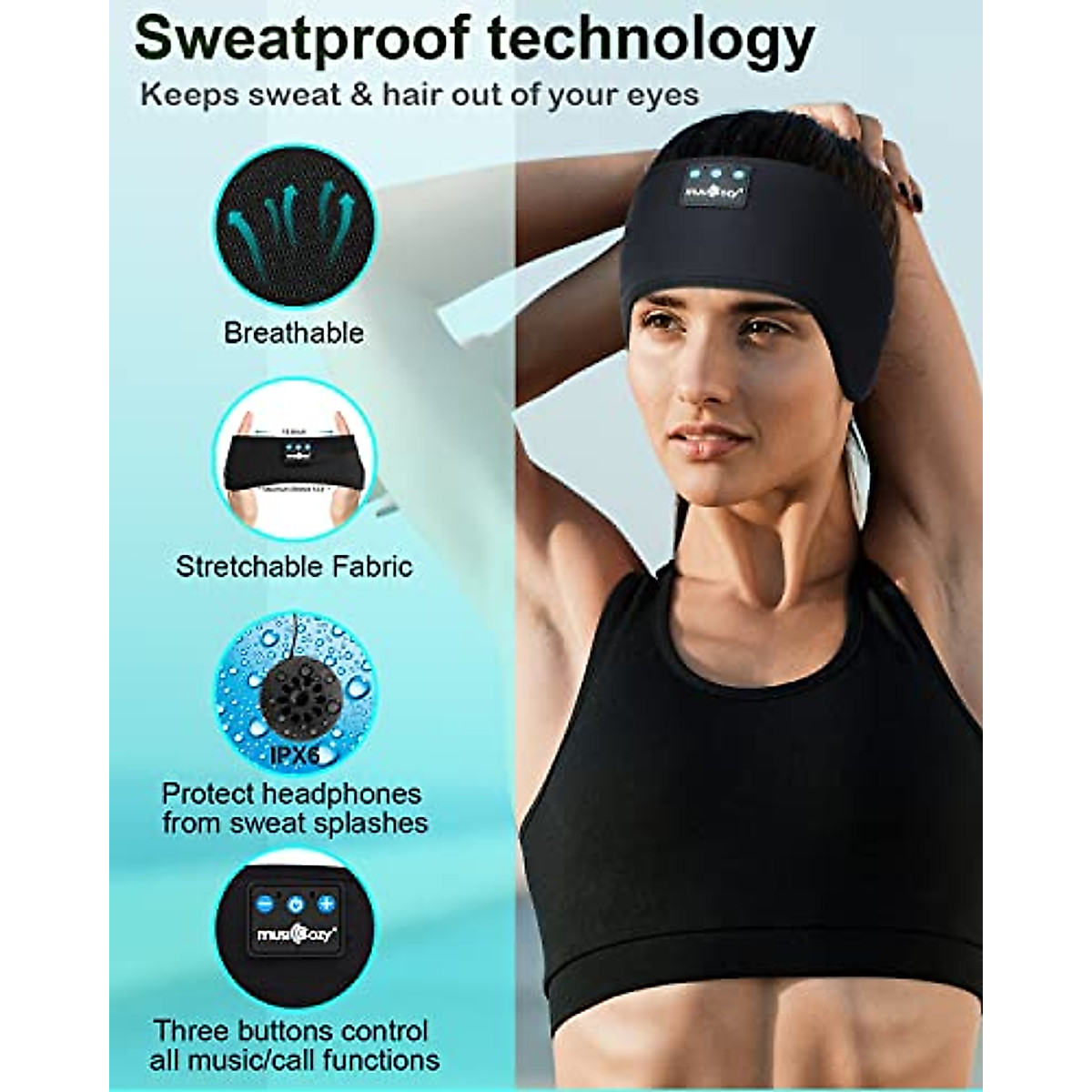 MUSICOZY Sleep Headphones Bluetooth Headband, Sports Wireless Earphones - Sweat Resistant Earphones, Sleeping Headphone with Ultra-Thin HD Stereo Speaker for Workout Running Cool Gadgets Unique Gifts