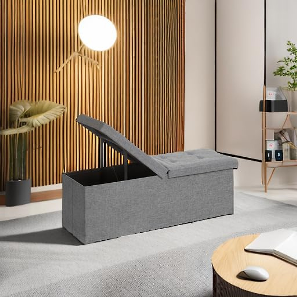 SONGMICS Storage Ottoman, Foldable Storage Bench, 15 x 43 x 15 Inches, Flipping Lid, 660 lb Load Capacity, for Entryway, Living Room, Bedroom, Ash Gray ULSF71G