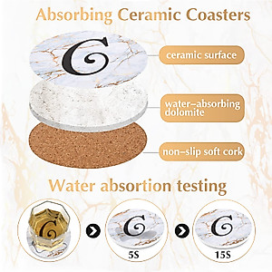 Monogrammed Coasters for Drinks Absorbents with Holder, Set of 6 Ceramic Marble Style Drink Coaster with Cork Base,Personalized Coasters Customizable with Name, Housewarming Gifts